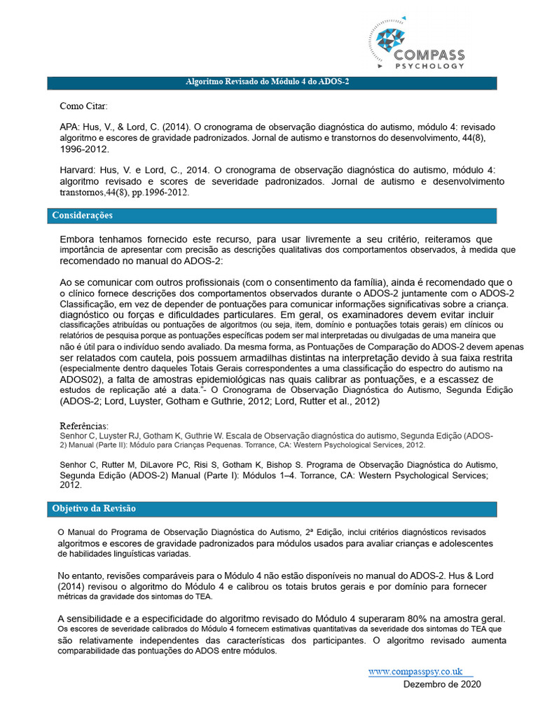 Algoritmo Revisado do Módulo 4 do ADOS-2 | PDF | Autismo | Psicologia