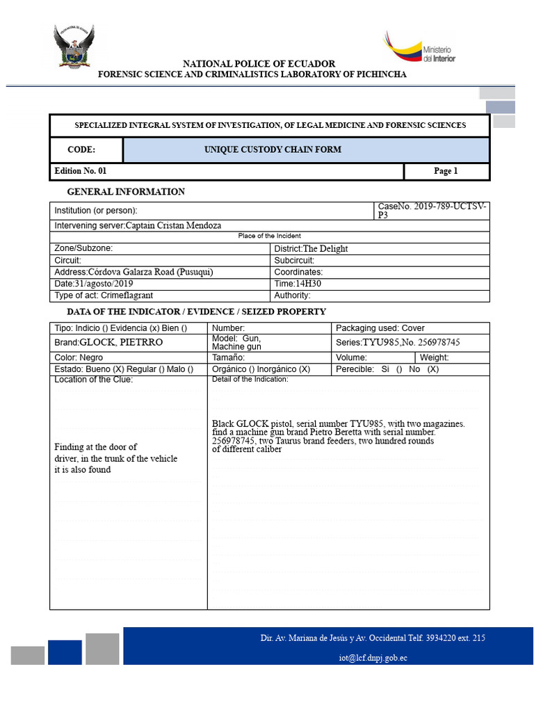 Ecuador Police Forensic Evidence Form | PDF | Projectiles | Ballistics