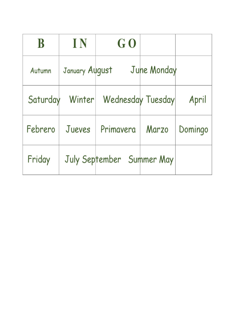 Bingo With Days of The Week, Months, and Seasons of The Year | PDF