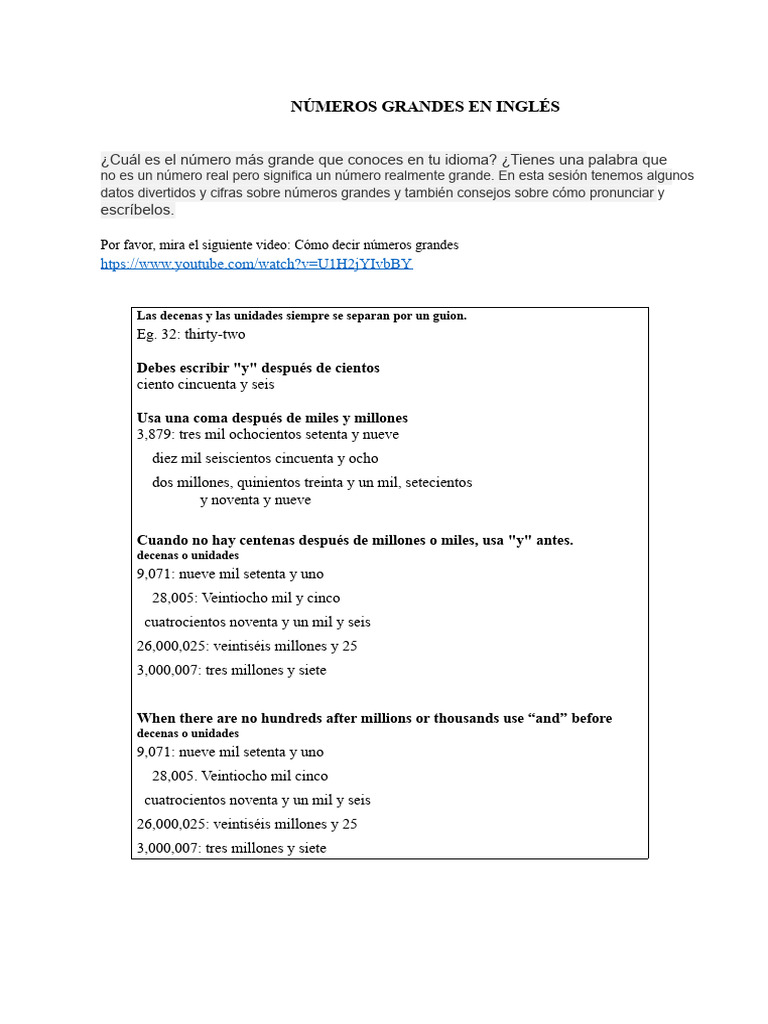 Cómo pronunciar números grandes en inglés | PDF