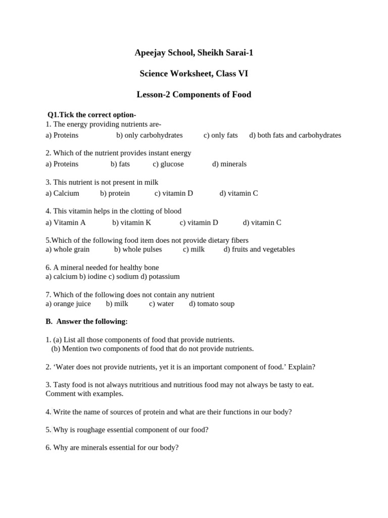 Class VI Science: Food Components Worksheet | PDF