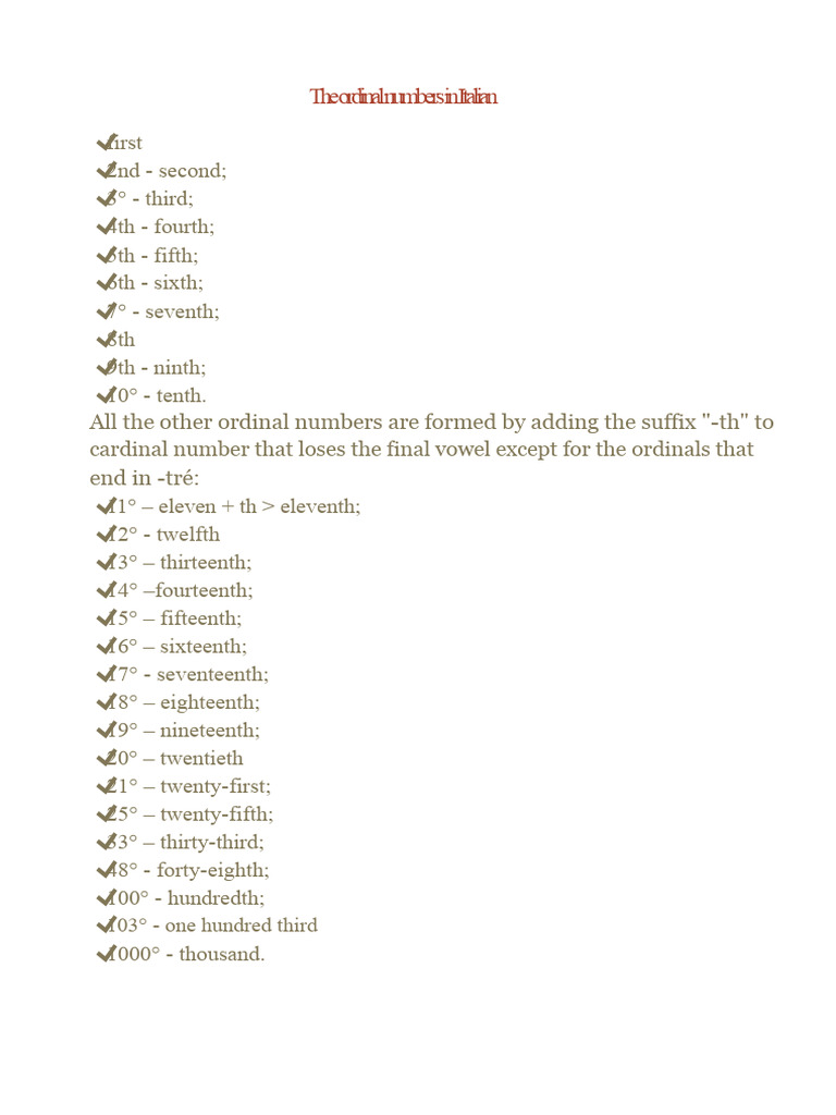 THE ORDINAL NUMBERS IN ITALIAN | PDF | Grammatical Gender | Plural