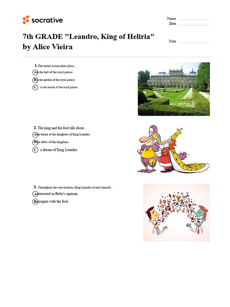 Quiz 7th GRADE Leandro, King of Helíria by Alice Vieira | PDF