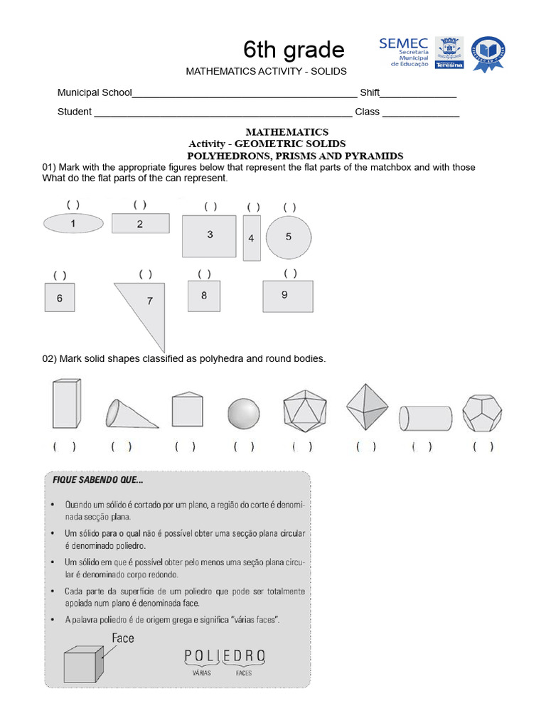 6th Grade Activity: Geometric Solids | PDF | Polytopes | Convex Geometry