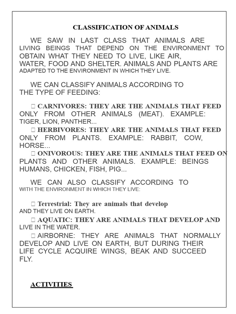 Animal Classification by Diet and Habitat | PDF