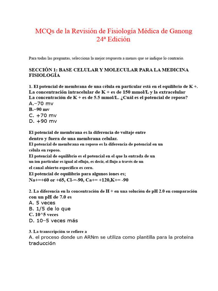 MCQs de Fisiología Médica Ganong 24ª Ed. | PDF | Oído | Dolor