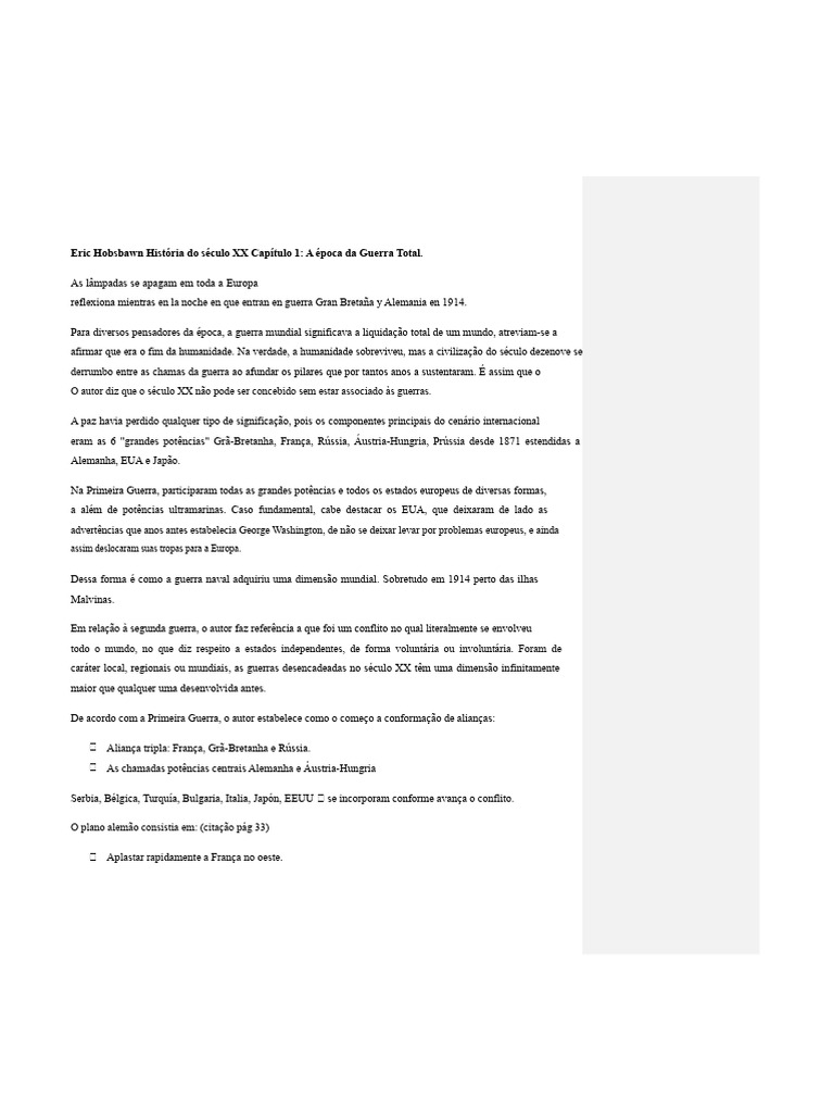 Resumo Eric Hobsbawm História do Século XX Capítulo 1-9 | PDF | Fascismo | Vladimir Lenin