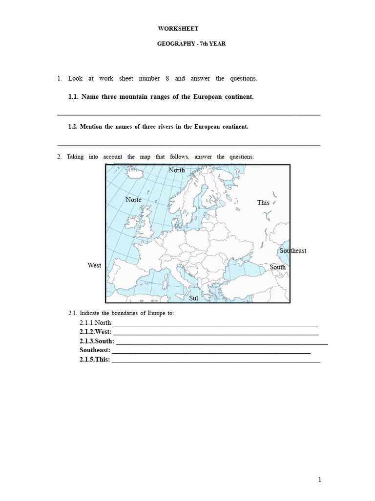 7th Grade European Geography Worksheet | PDF | Europe | Central Europe
