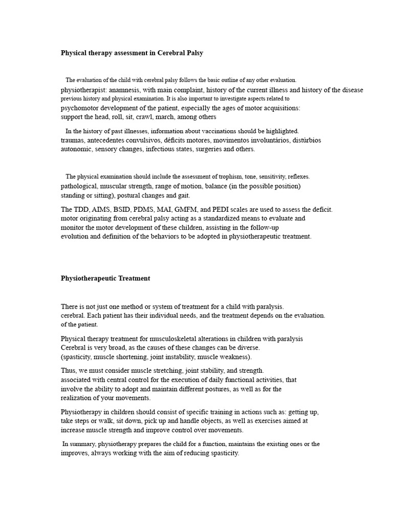 Physiotherapeutic assessment in Cerebral Palsy | PDF | Physical Therapy ...