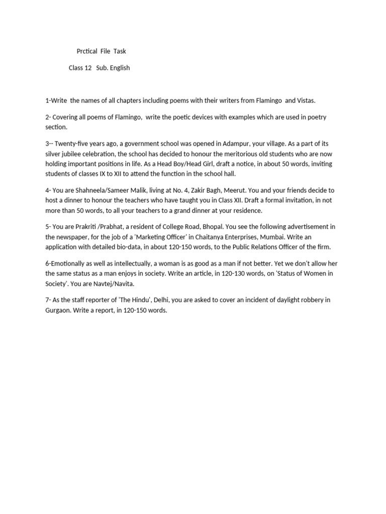 Class 12 English Project Task | PDF