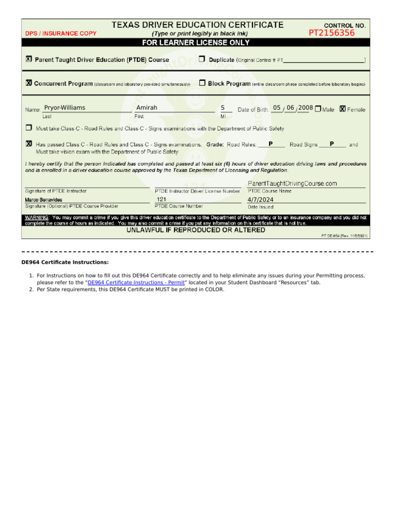 DE964 Certificate Filling Instructions | PDF