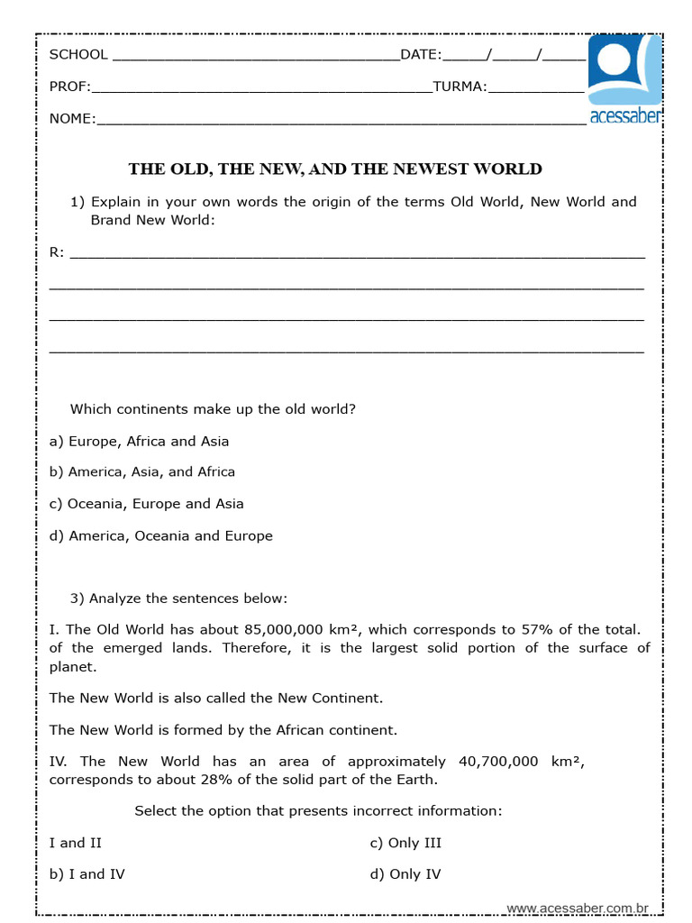 Geography Activity - The Old, The New, and The Newest World - 8th Grade ...