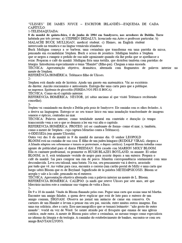 ESQUEMA DE CADA CAPÍTULO | PDF | Ulisses (livro)