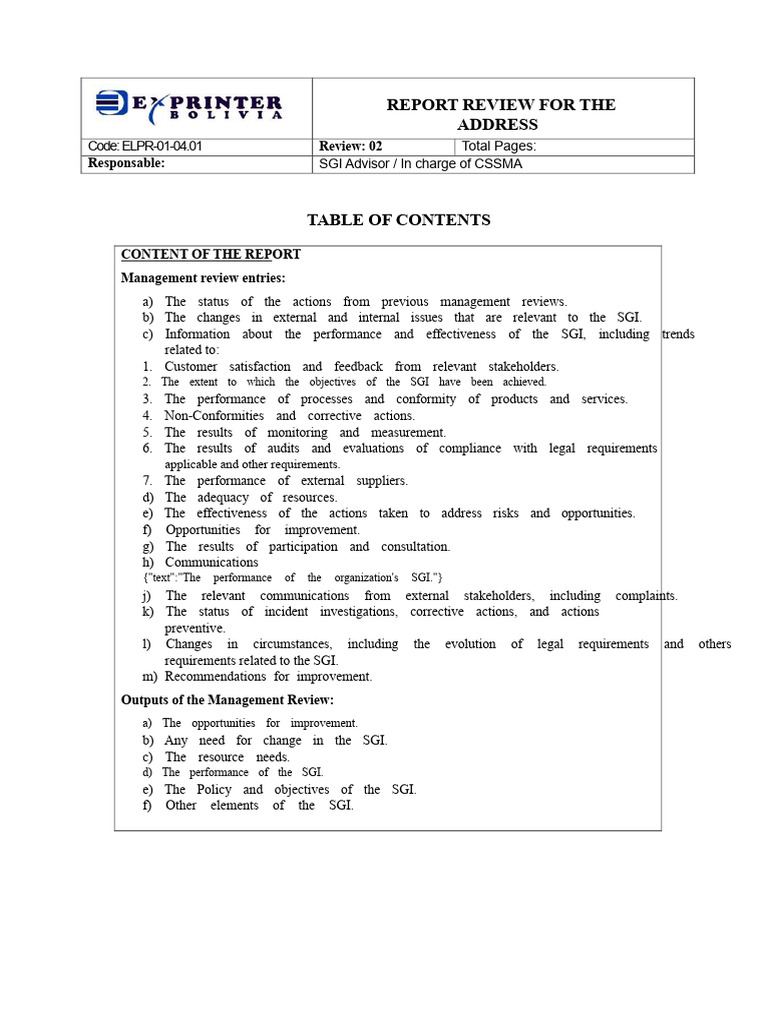Management Review Report for SGI 2018 | PDF | Occupational Safety And ...