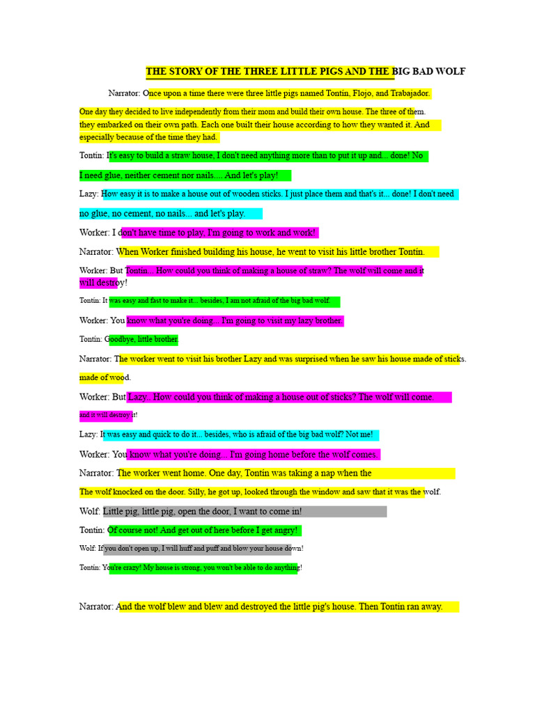 Play script The Wolf and the Three Little Pigs | PDF