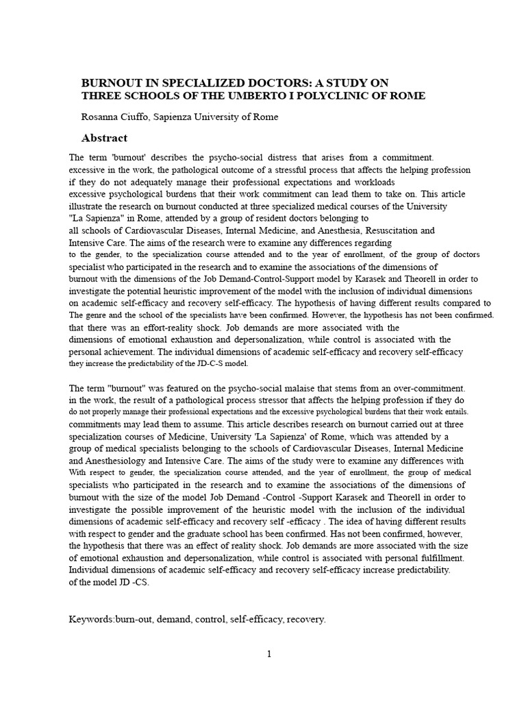 Burnout in Resident Doctors | PDF | Occupational Burnout | Self Efficacy