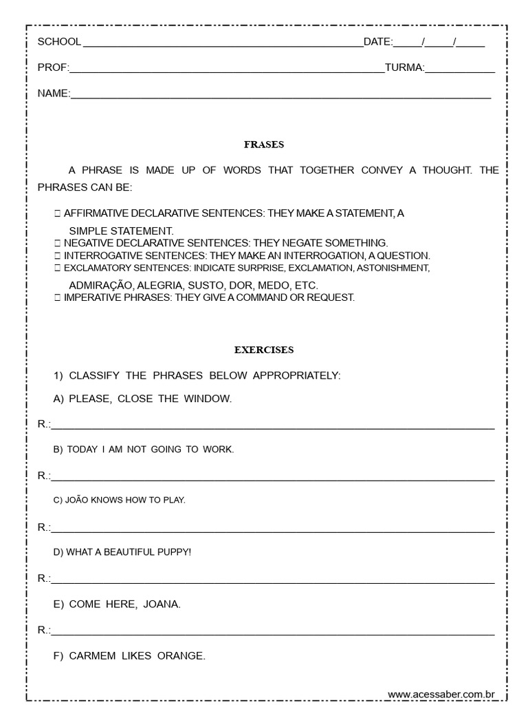 Portuguese Language Activity Types of Sentences 4th or 5th Grade | PDF ...