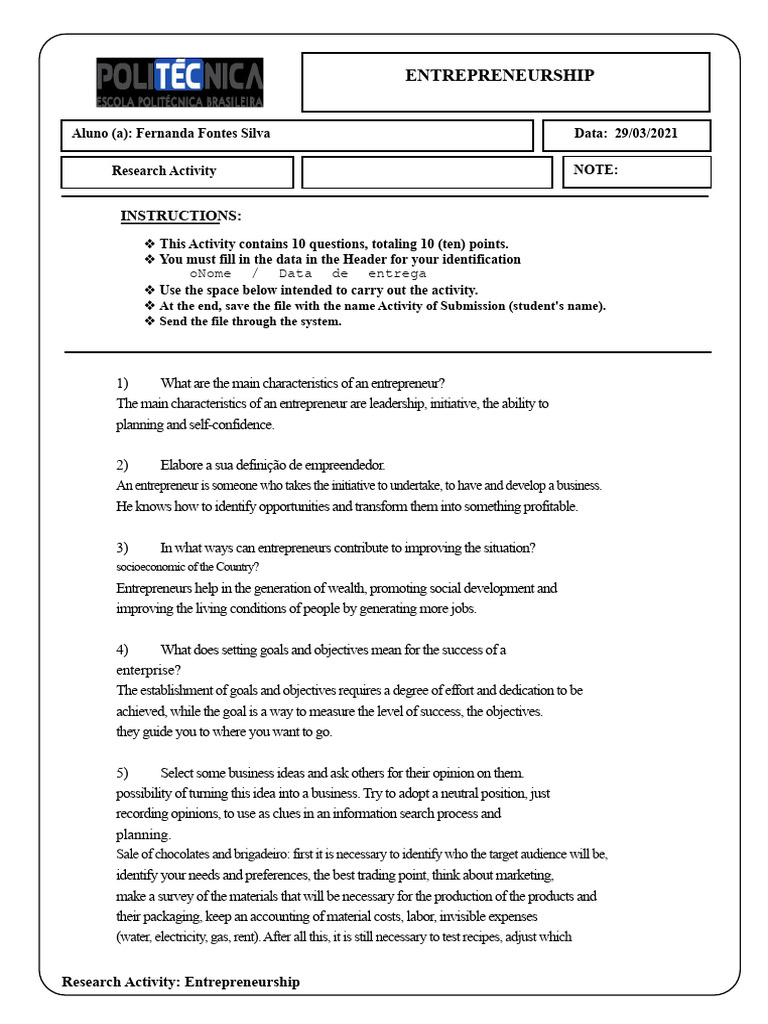 Research Activity - Entrepreneurship | PDF | Entrepreneurship | Leadership