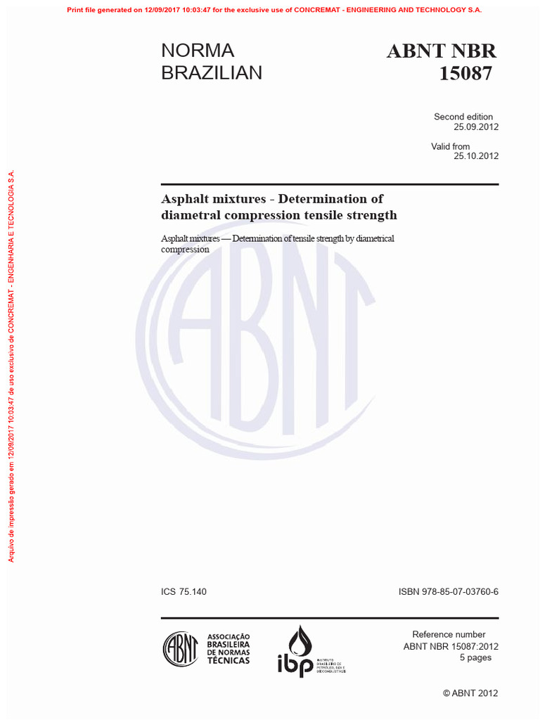 NBR 15087 - Asphalt Mixtures - Determining tensile strength by ...