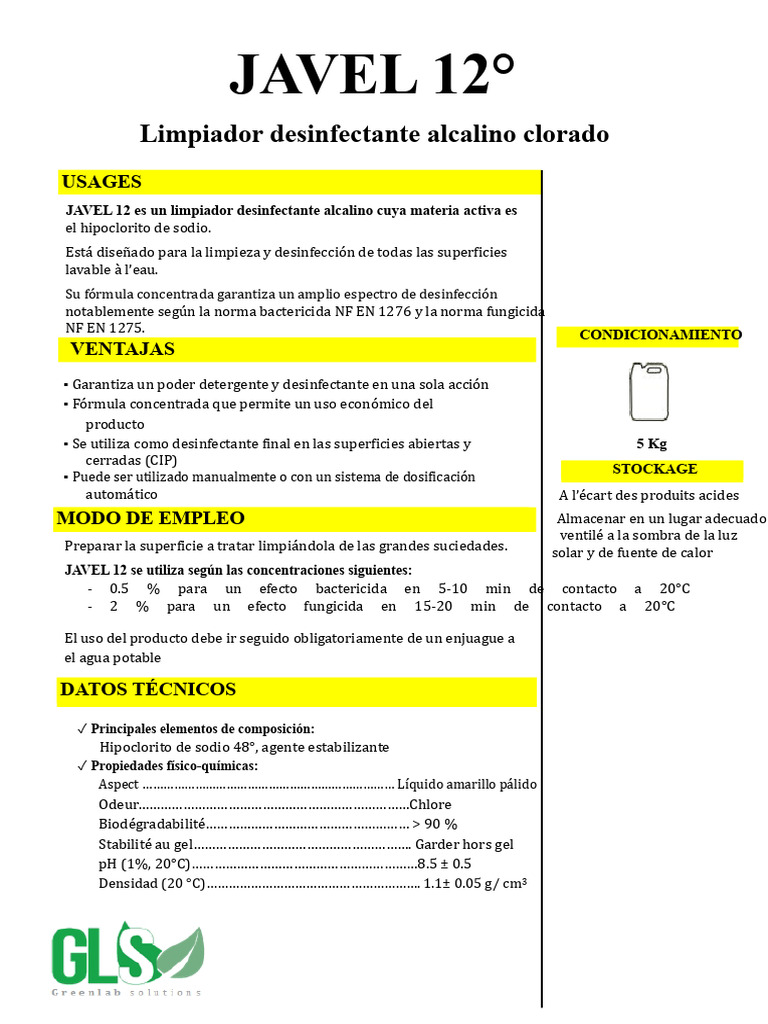 Limpiador Desinfectante JAVEL 12° 5 Kg | PDF