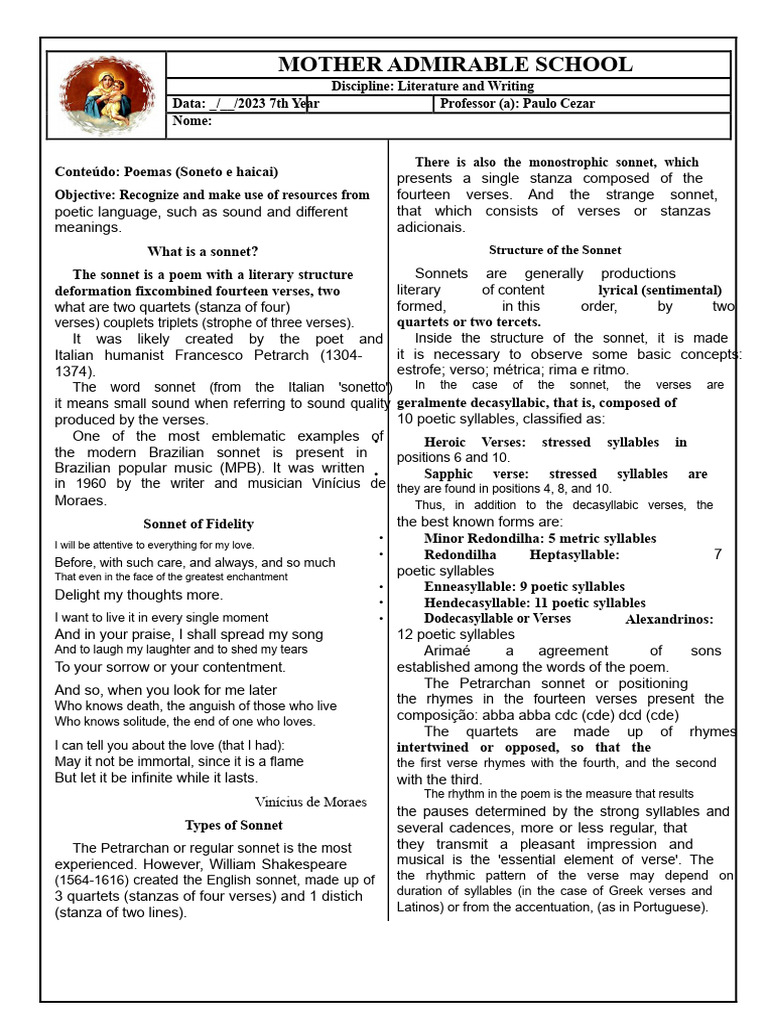 7th grade - Poems - sonnet and haiku | PDF | Poetry | Sonnets