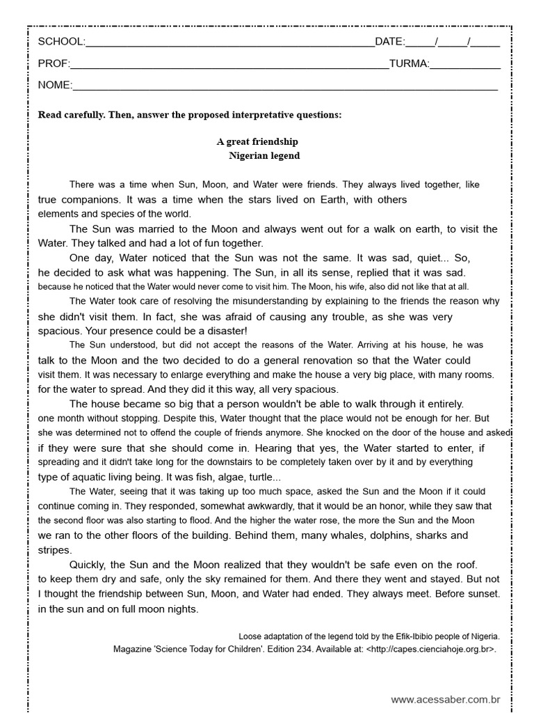 Text Interpretation A Great Friendship Nigerian Legend 5th Grade Word ...