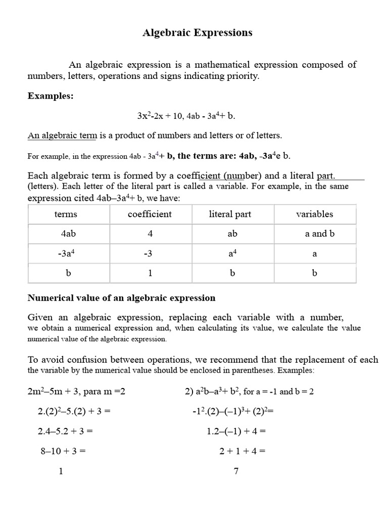 Understanding Algebraic Expressions | PDF | Variable (Mathematics ...
