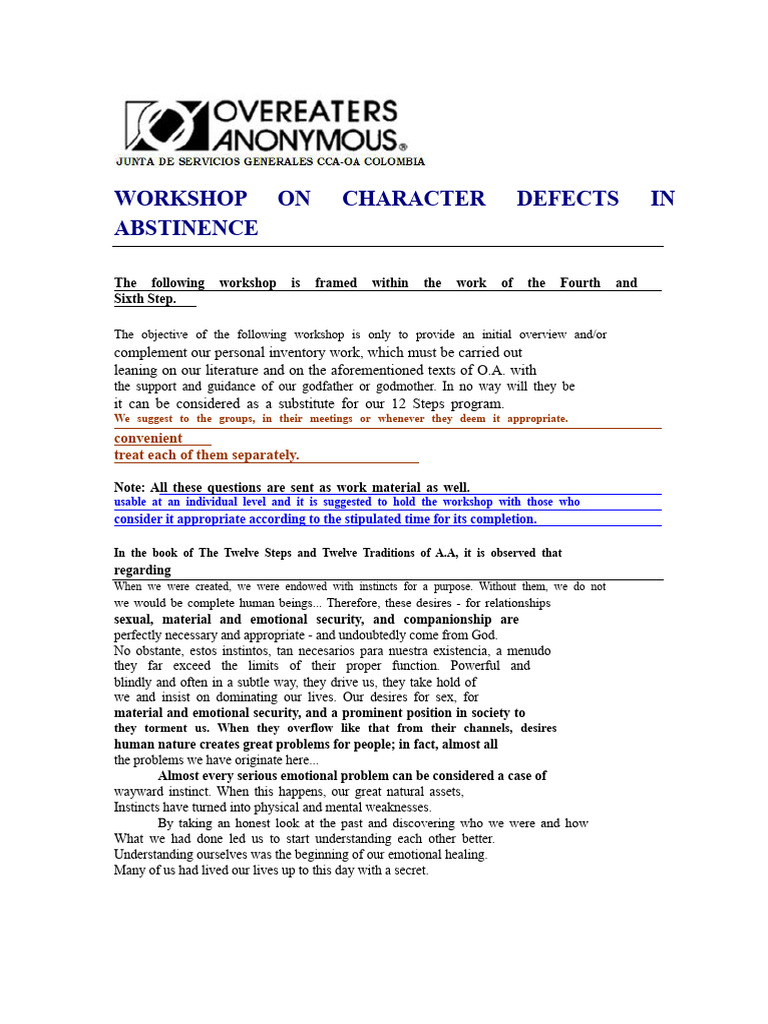 Workshop on Character Defects in Abstinence.pdf | PDF | Humility | Anger