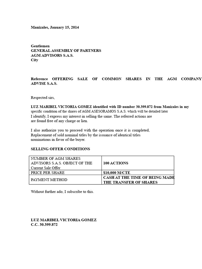 Letter Offering Sale of Shares | PDF