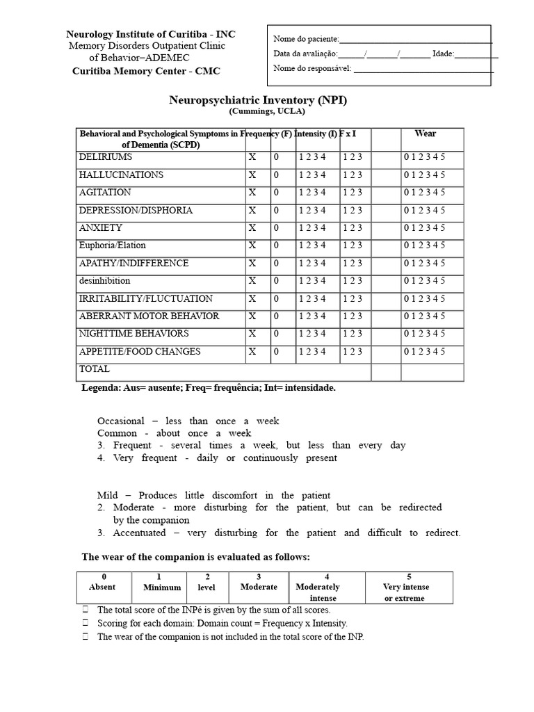 Neuropsychiatric Inventory (NPI) - UCLA | PDF | Dementia | Clinical ...