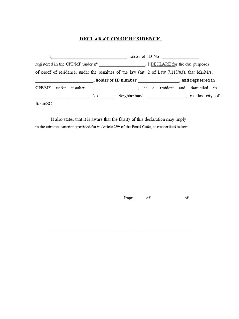 Declaration of Residence Template | PDF