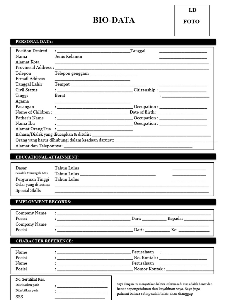 Formulir Biodata Lengkap untuk Lamaran | PDF