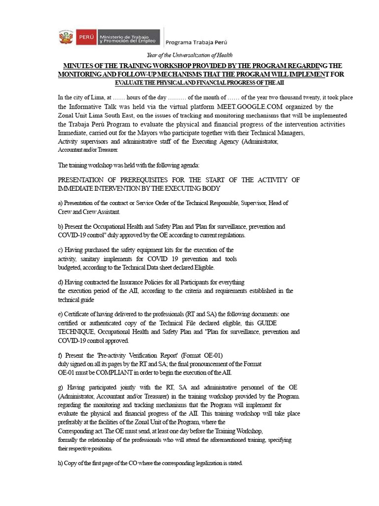 Model of Minutes of Virtual Training Talk On Requirements Prior To The ...