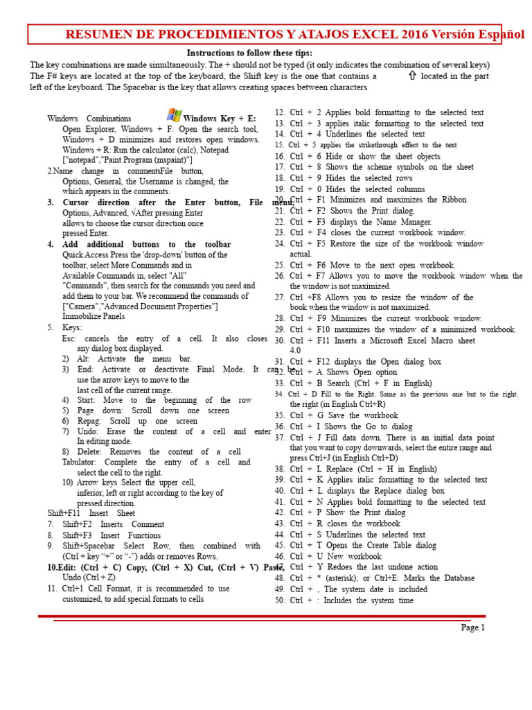 Summary of Shortcuts and Procedures in Excel 2016 | PDF | Microsoft ...