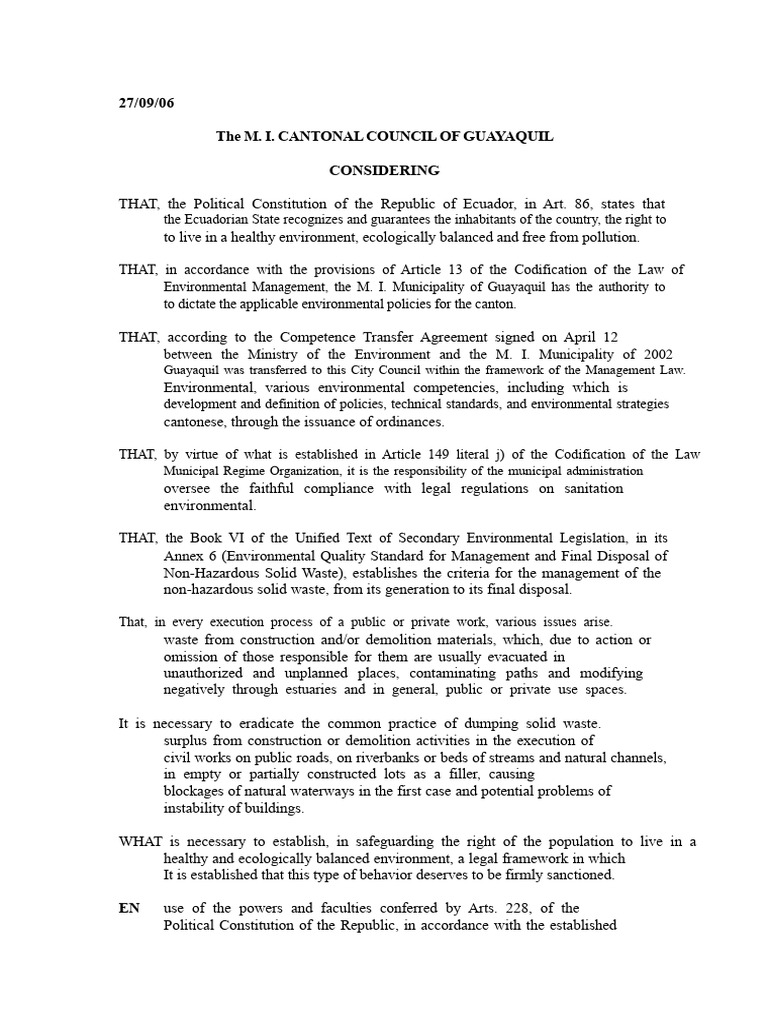Guayaquil Ordinance on Construction Waste Management | PDF | Waste ...