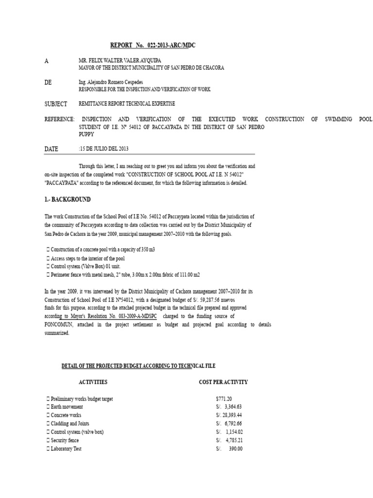 Report of Expert Assessment of Swimming Pool Work | PDF | Receipt | Expense