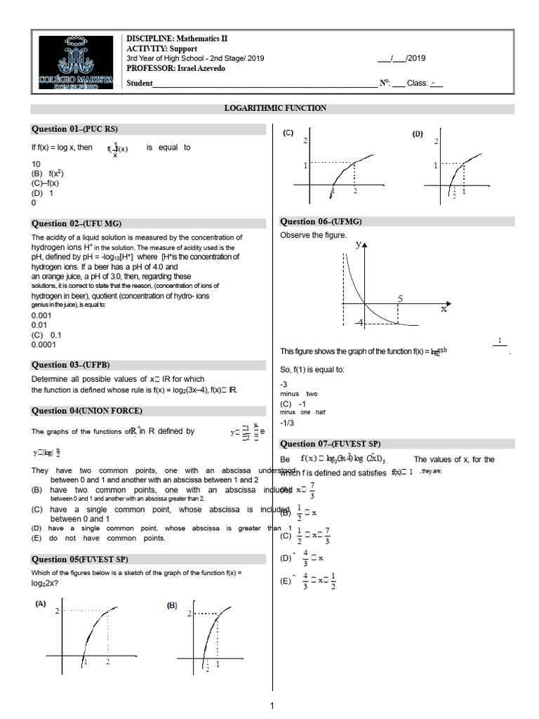 Logarithmic Functions Practice Questions | PDF | Ph | Logarithm