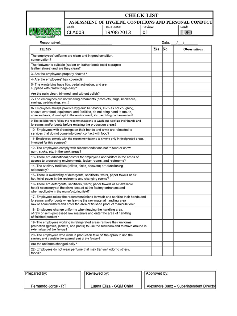 Hygiene Assessment Checklist for Employees | PDF | Hygiene | Public Toilet