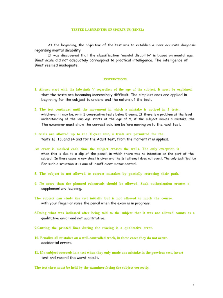 Binet Labyrinth Test Instructions | PDF | Intellectual Disability
