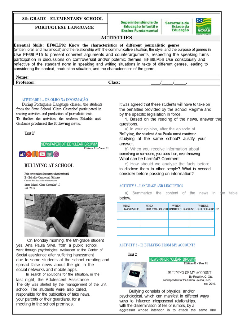 8th Grade Portuguese Language Activities | PDF | Bullying | Cyberbullying