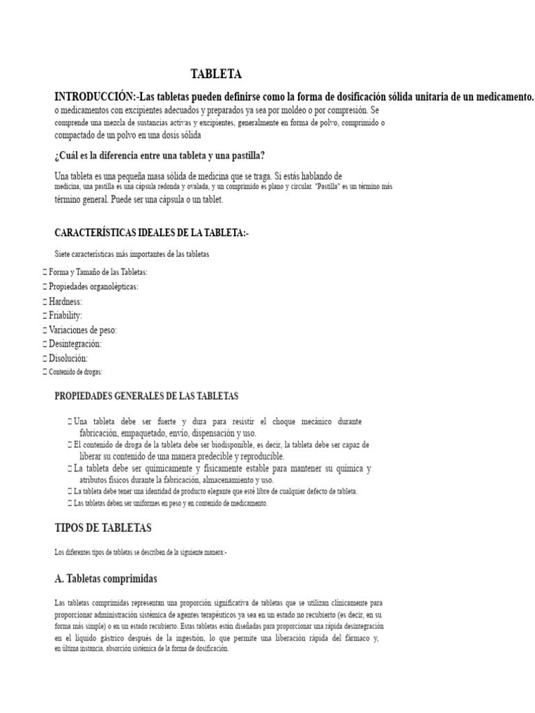 Características y Tipos de Tabletas Medicinales | PDF | Tableta ...