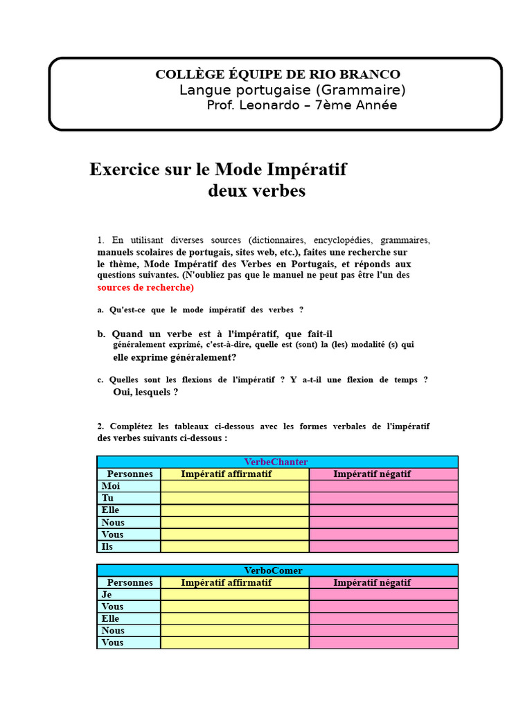 Exercice sur le Mode Impératif en Portugais | PDF | Verbe | Linguistique
