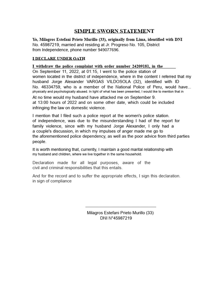 Sworn Statements for Legal Purposes | PDF | Domestic Violence | Violence
