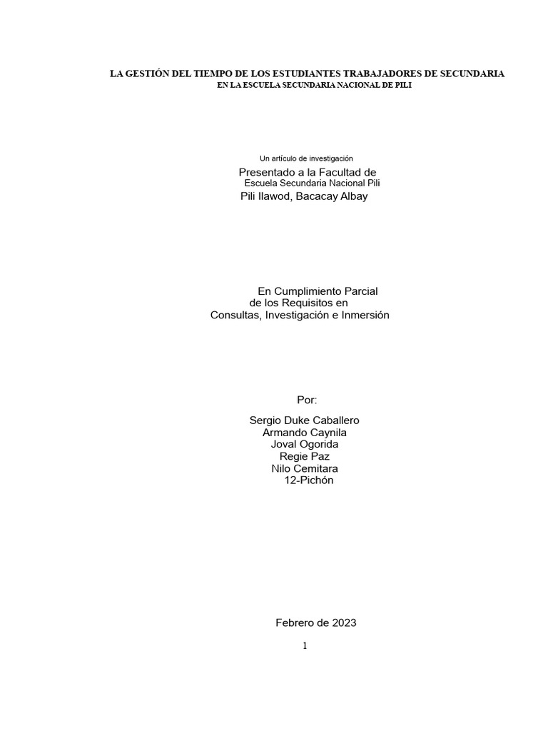 La Gestión Del Tiempo de Los Estudiantes Trabajadores de Secundaria en ...