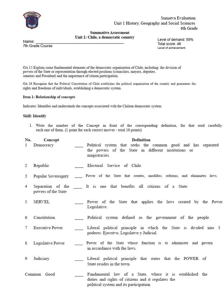 Summative Assessment Unit 1 Chile A Democratic Country | PDF ...