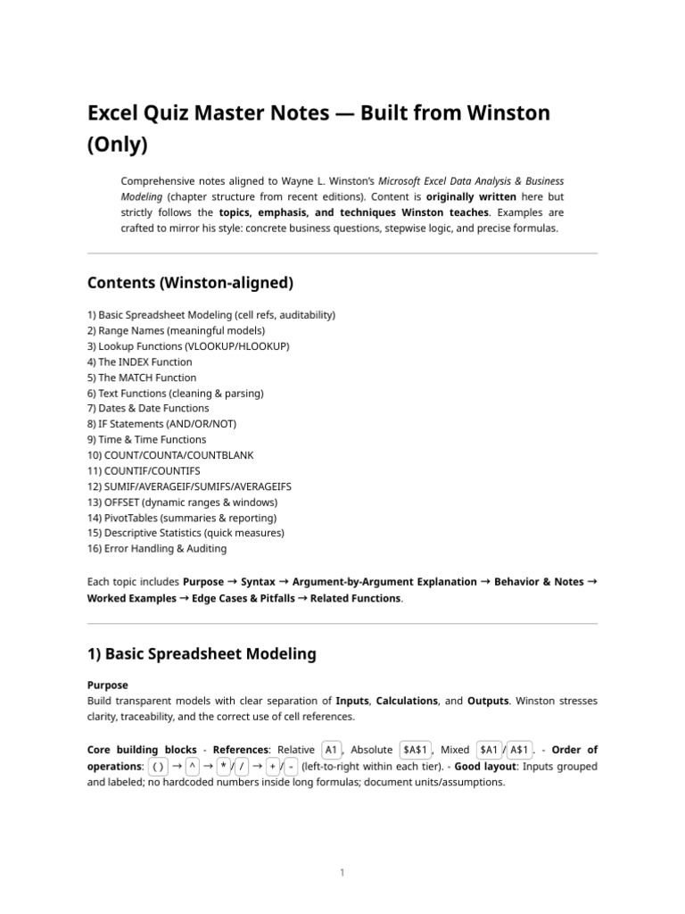 Excel Quiz Master Notes: Winston Guide | PDF | Microsoft Excel ...