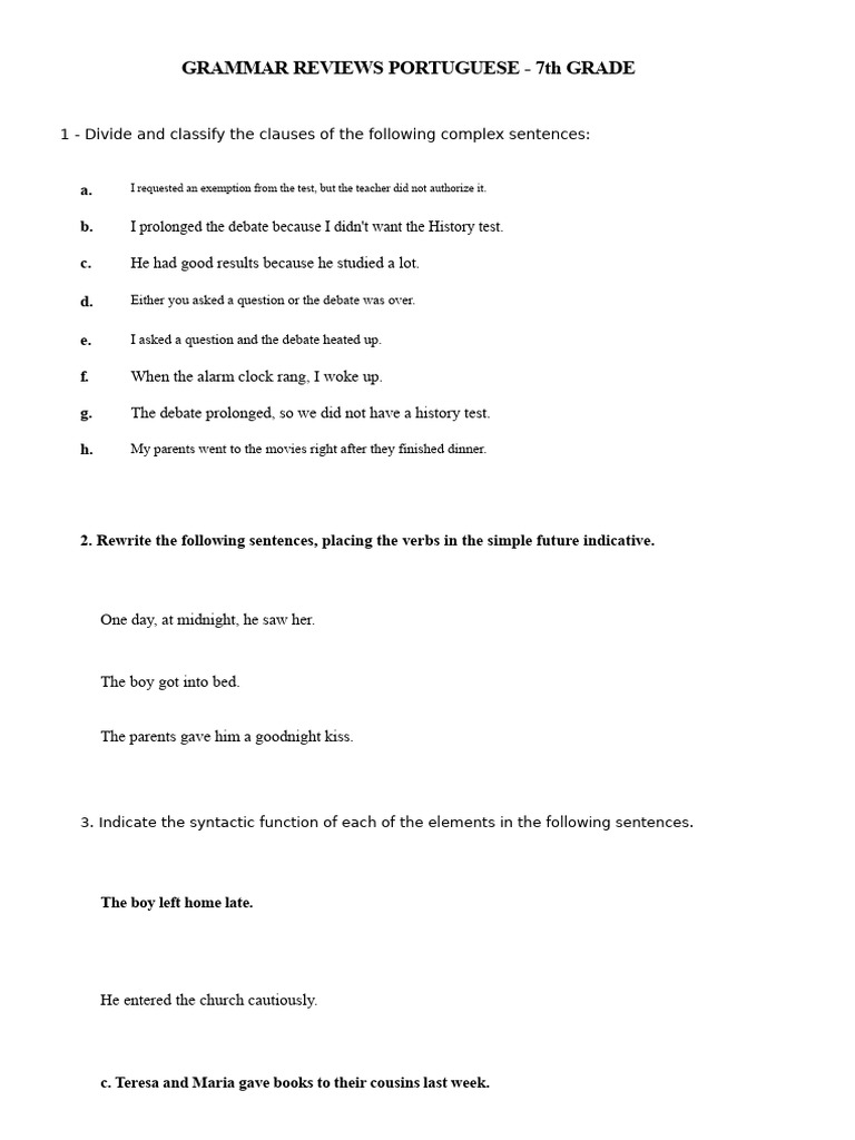 7th Grade Portuguese Grammar Review | PDF | Subject (Grammar) | Clause