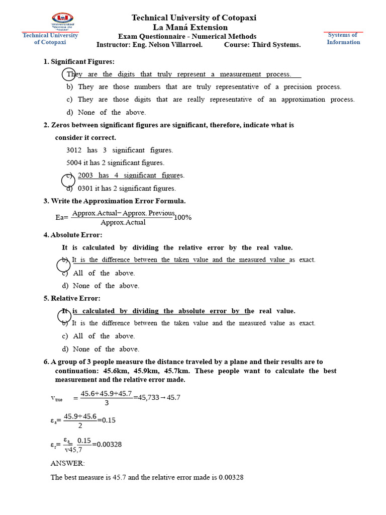 Numerical Methods Exam Questionnaire | PDF | Matrix (Mathematics ...
