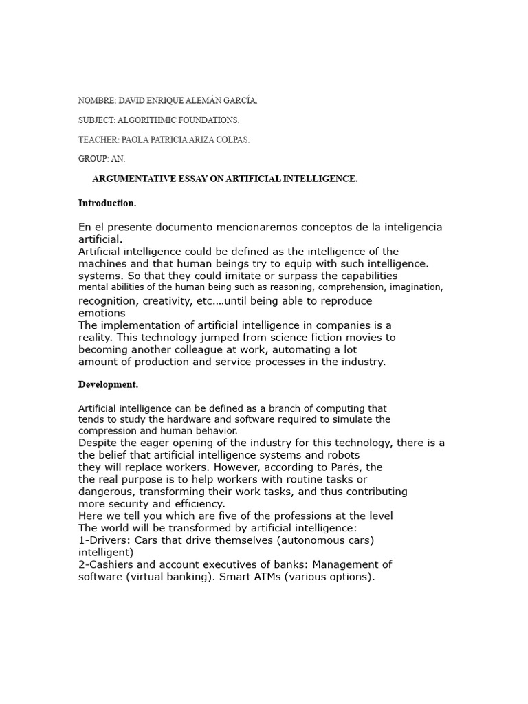 Argumentative Essay Artificial Intelligence Group An | PDF | Artificial ...