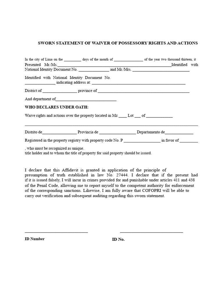 Waiver of Possessory Rights Affidavit | PDF